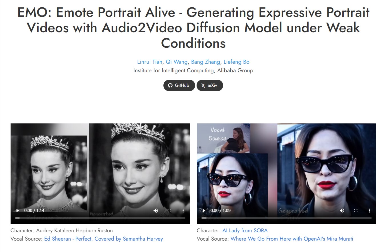 阿里放大招EMO：一张照片+音频即可生成会说话唱歌的视频！-AITOP100,AI资讯