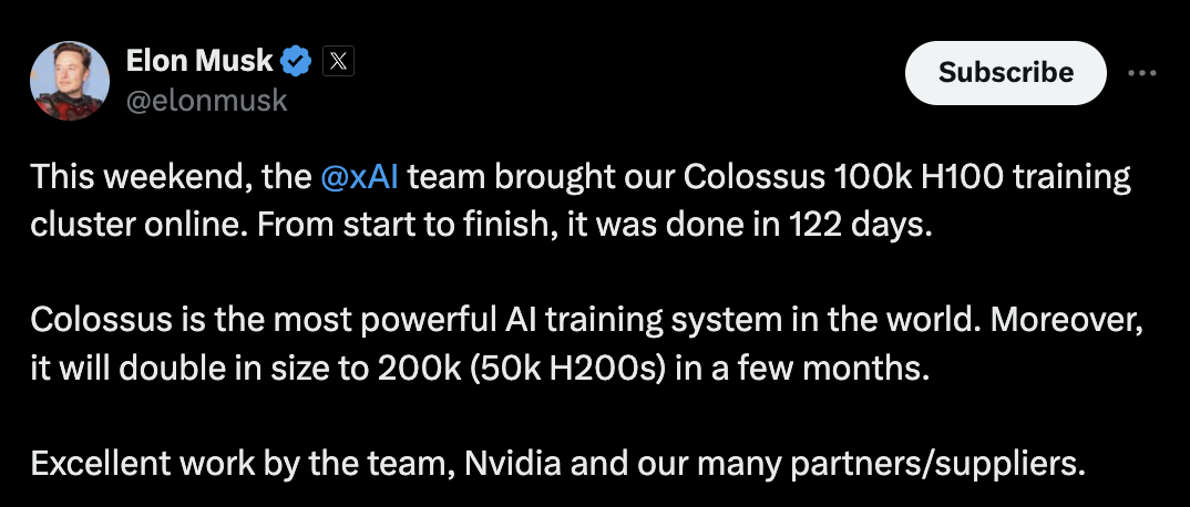 马斯克官宣超级AI训练集群Colossus正式上线 拟再增加10万张英伟达GPU-aitop100,ai社区